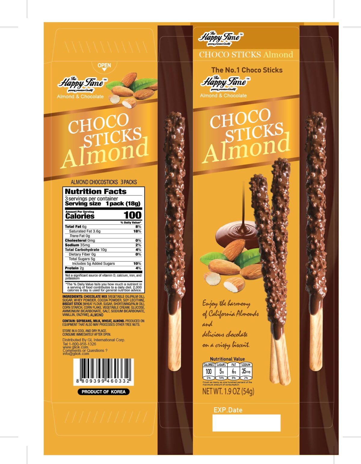 “The Happy Time” Choco Sticks Almond 1.9oz x 3sticks/box X 32box per ...
